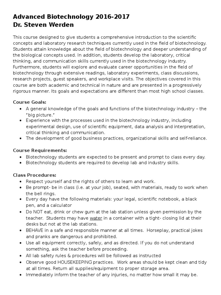 Biotechnology Syllabus 2016-2017 | PDF | Laboratories | Biotechnology