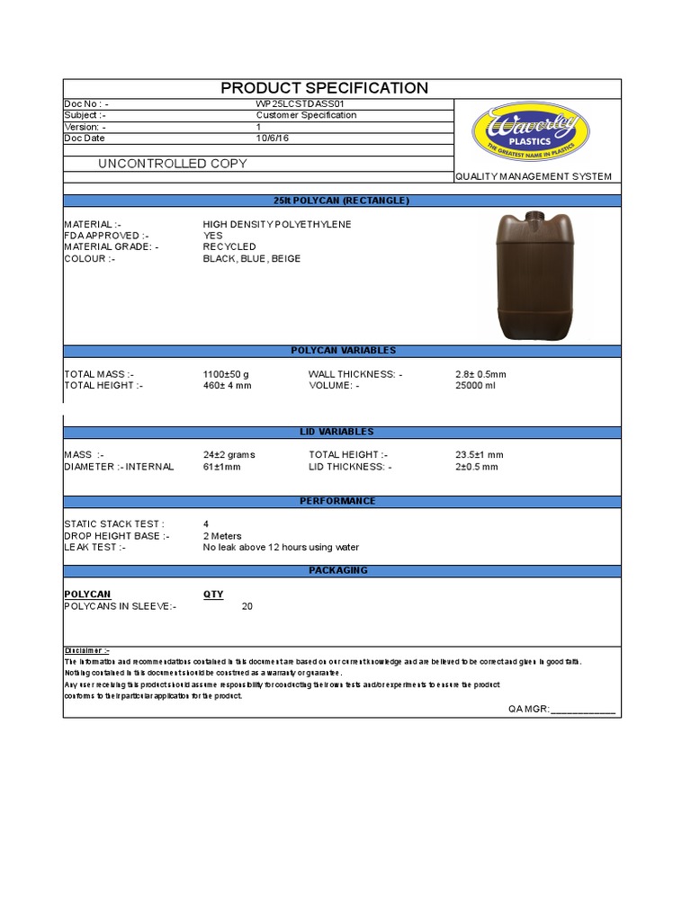 Product Spec Sheet - 25l Polycan Rec Sheet1 | PDF