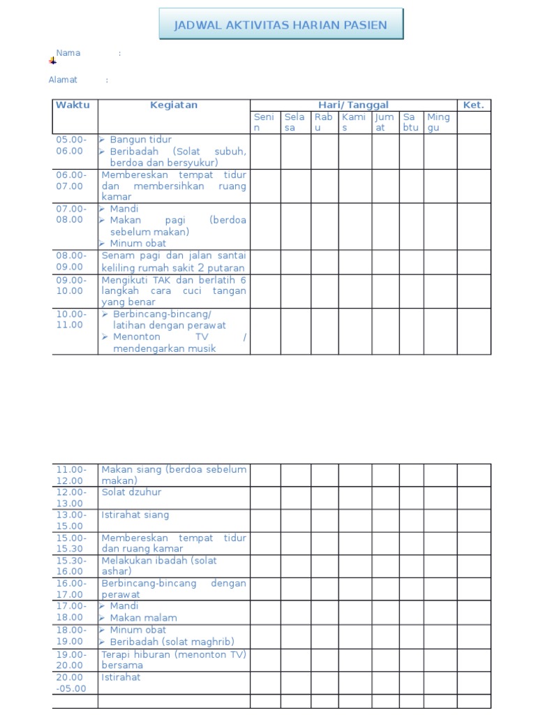 Jadwal Aktivitas Harian Pasien | PDF