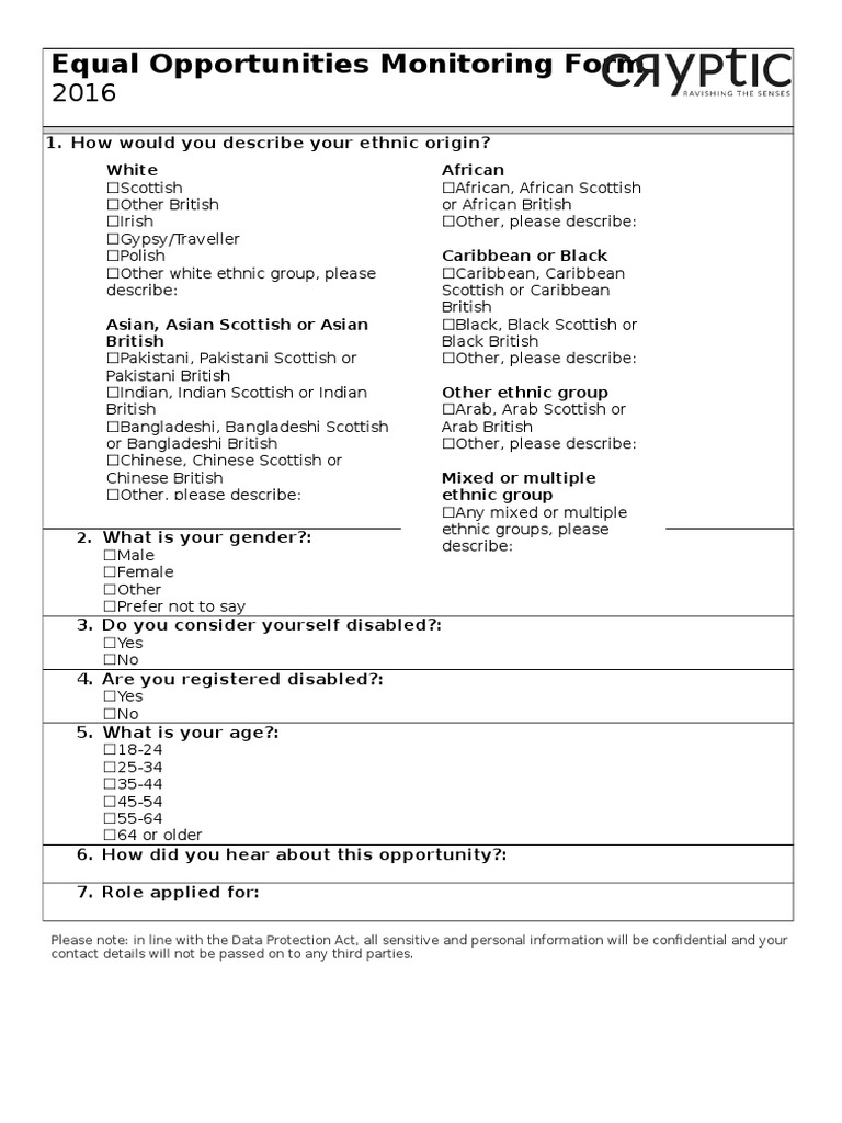 Equal Opportunities Monitoring Form 2016 | PDF