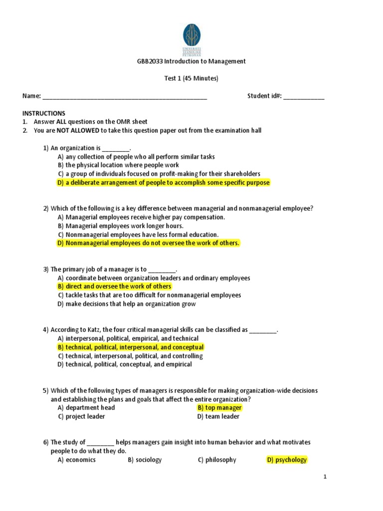 ITM Test1 With Answers July2010 | PDF | Strategic Management ...