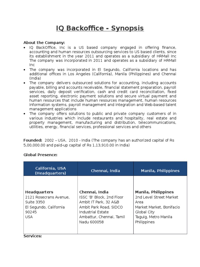 IQ Backoffice - Synopsis | PDF | Outsourcing | Payroll