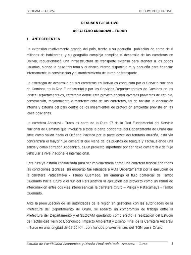 Resumen Ejec ANCARAVI | PDF | La carretera | Bolivia
