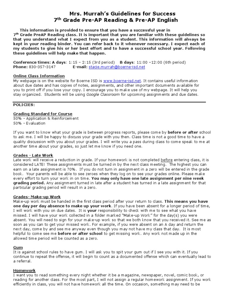 2016-2017 Pre-Ap Reading Guidelines For Success | PDF | Homework | Schools