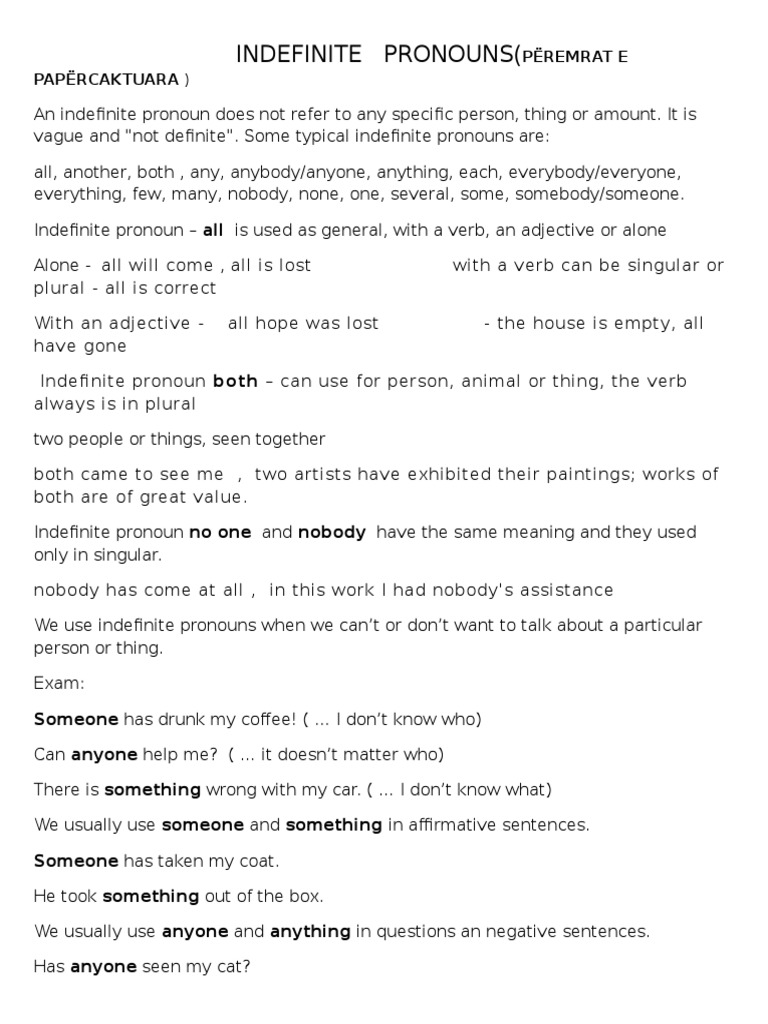 Indefinite Pronouns: A Guide to Their Usage and Meaning | PDF ...