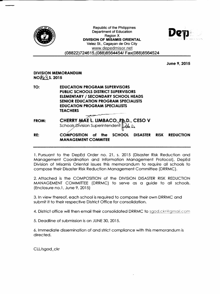 Composition of The School Disaster Risk Reduction Management Committee ...