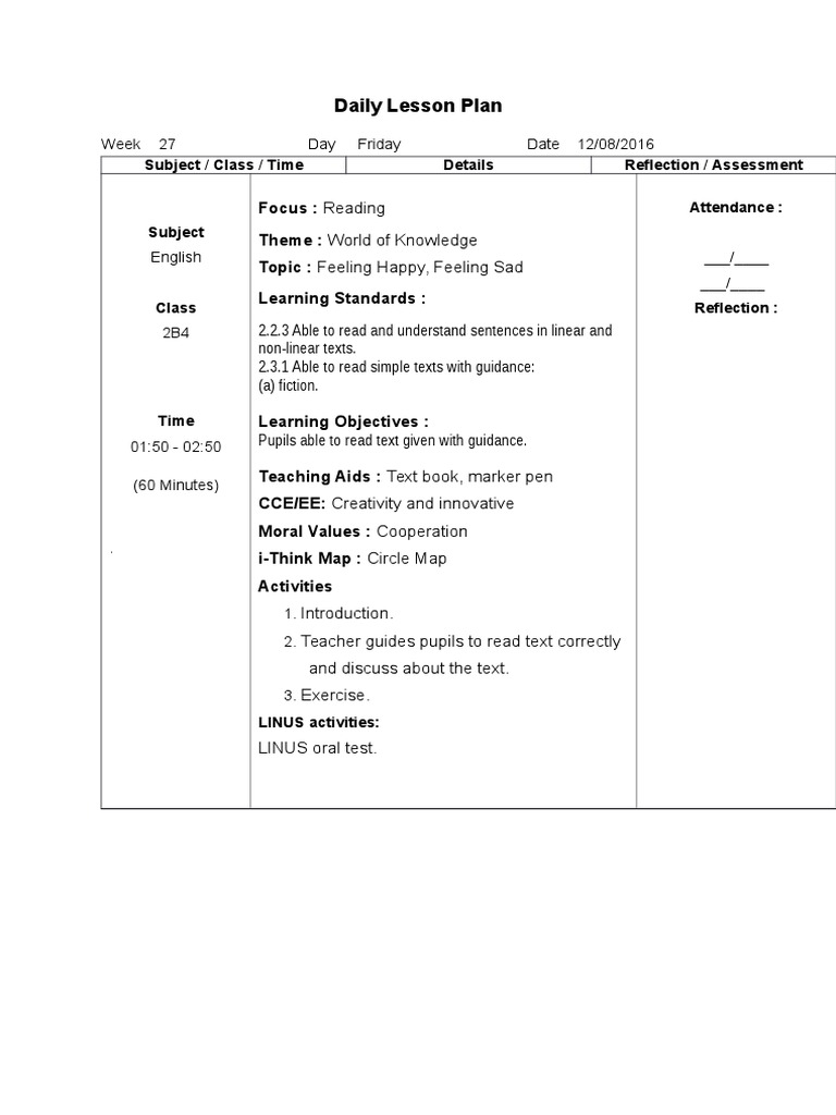 Daily Lesson Plan: Subject / Class / Time Details Reflection ...