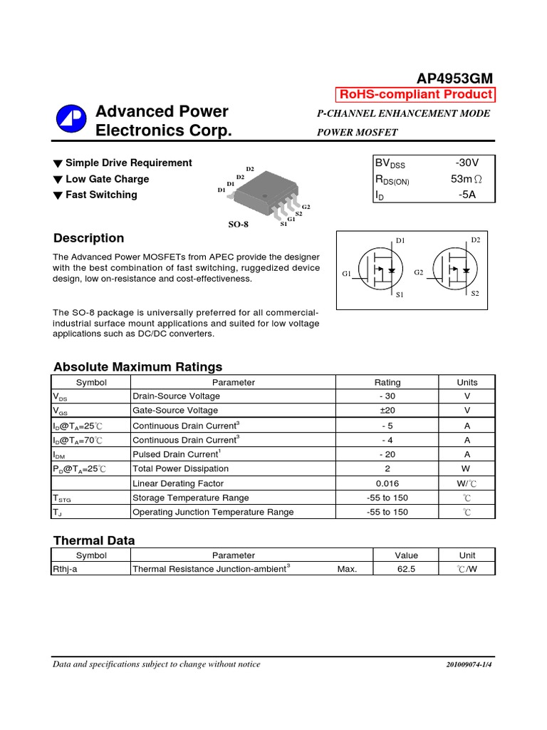Ap4953gm PDF | PDF | Field Effect Transistor | Mosfet