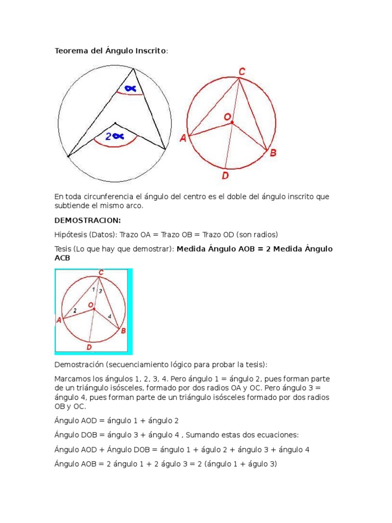 Teorema Del Ángulo Inscrito | PDF | Prueba matemática | Perpendicular