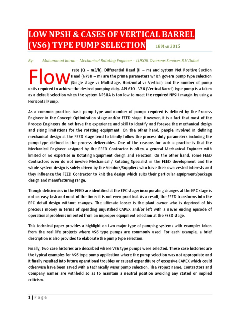 Low NPSH & Cases of Vertical Barrel (VS6) Type Pump Selection PDF | PDF
