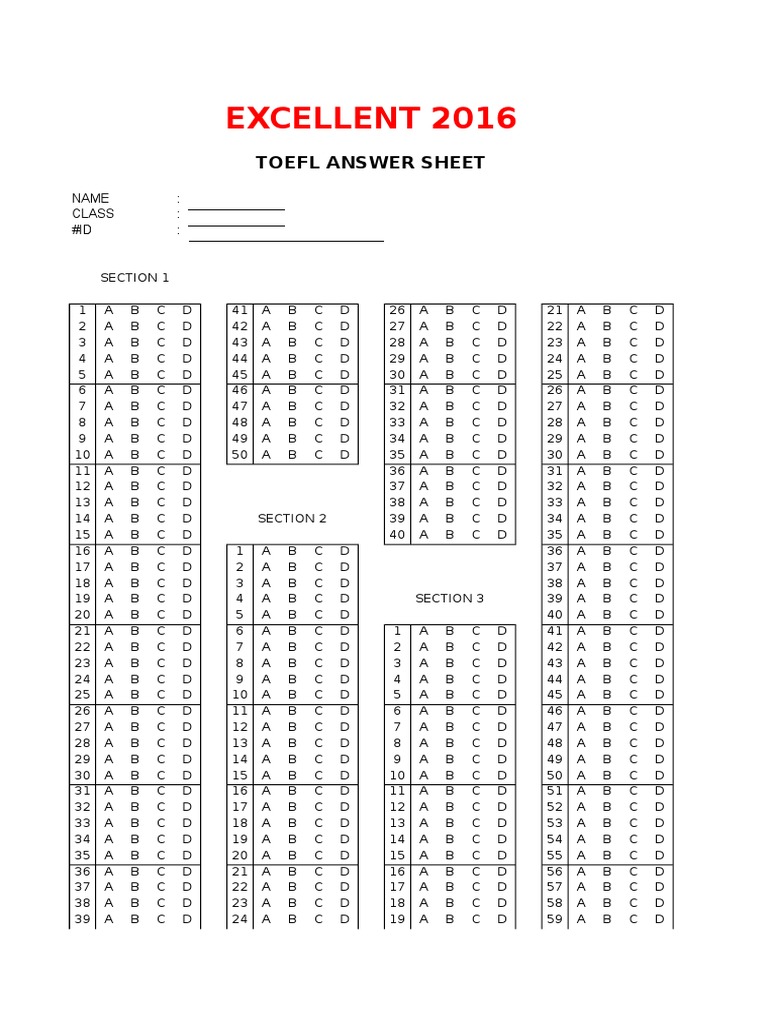 Excellent 2016: Toefl Answer Sheet | PDF