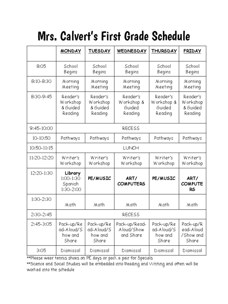 Mrs. Calvert's First Grade Weekly Schedule | PDF