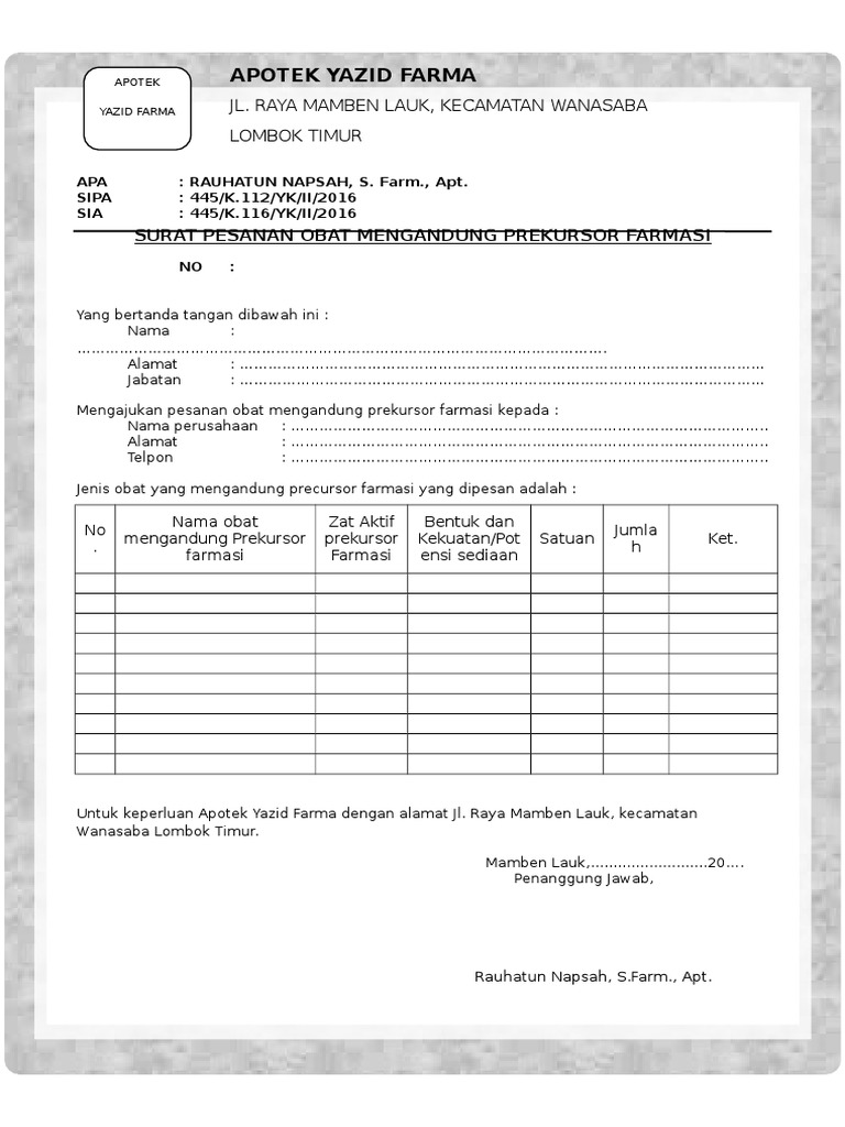 Surat Pesanan Obat Prekursor Farmasi | PDF | Memasak, Makanan, & Anggur ...
