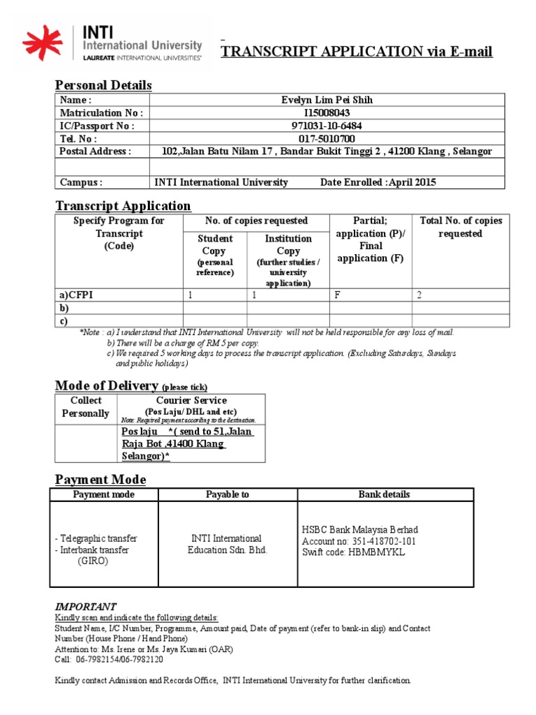 Online Transcript Application Form | PDF