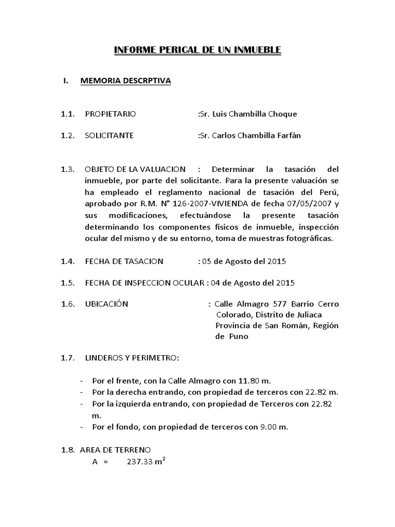 Informe Pericial de Un Inmueble Urbano Arancelario | PDF | Fundación ...