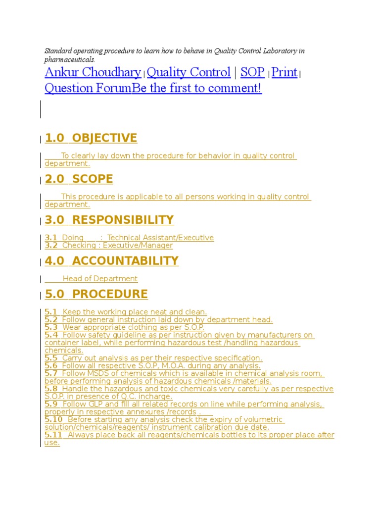 Quality Control SOP for Laboratory Behavior | PDF | High Performance ...