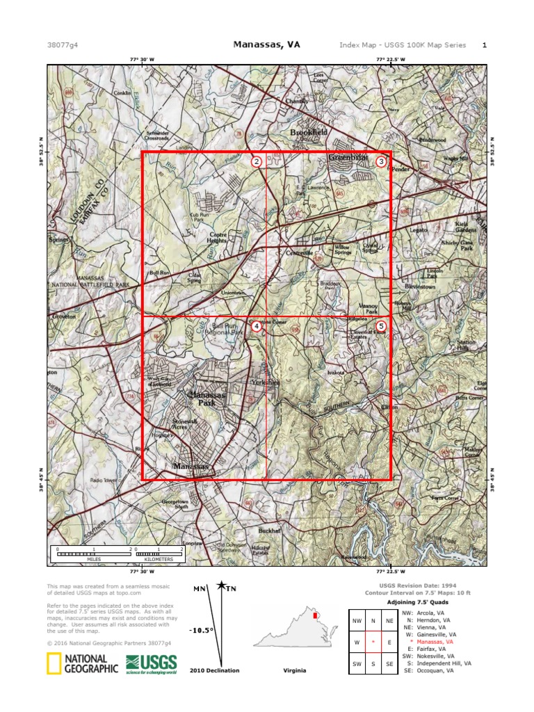 Manassas, VA: Index Map - USGS 100K Map Series 38077g4