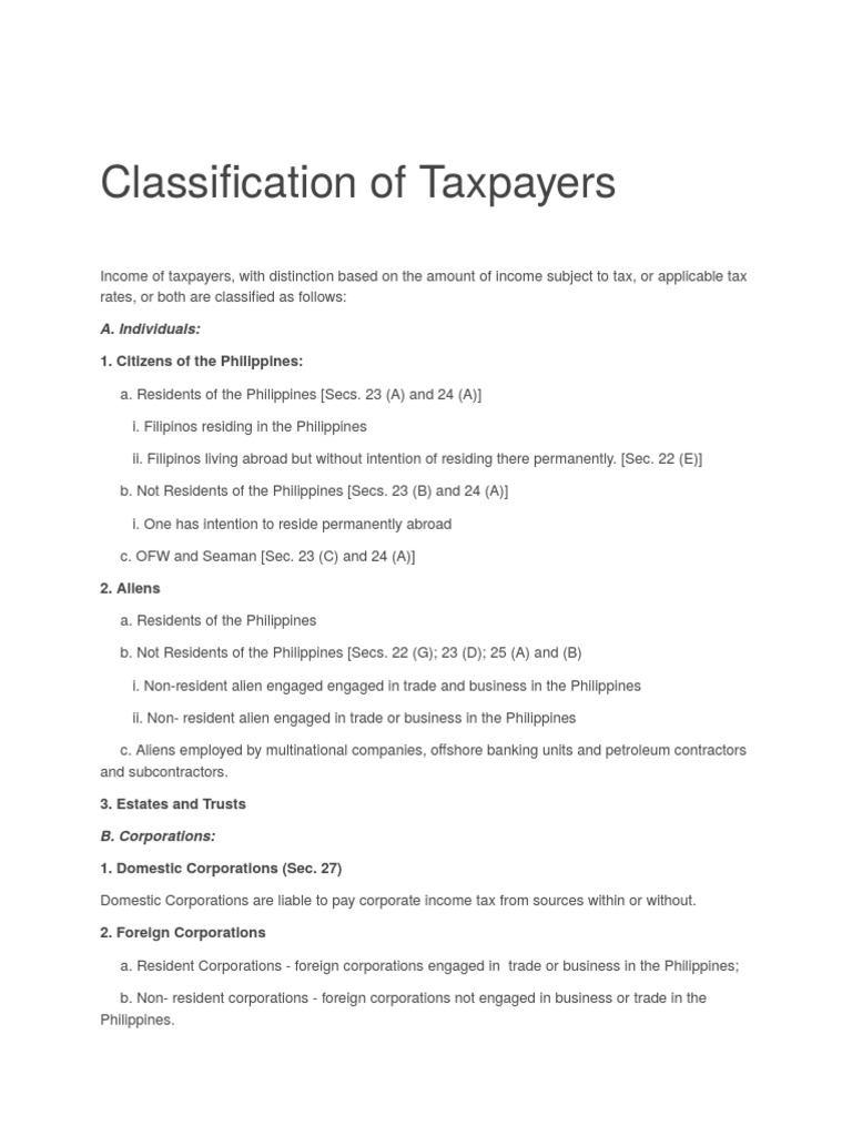 Classification of Taxpayers | PDF