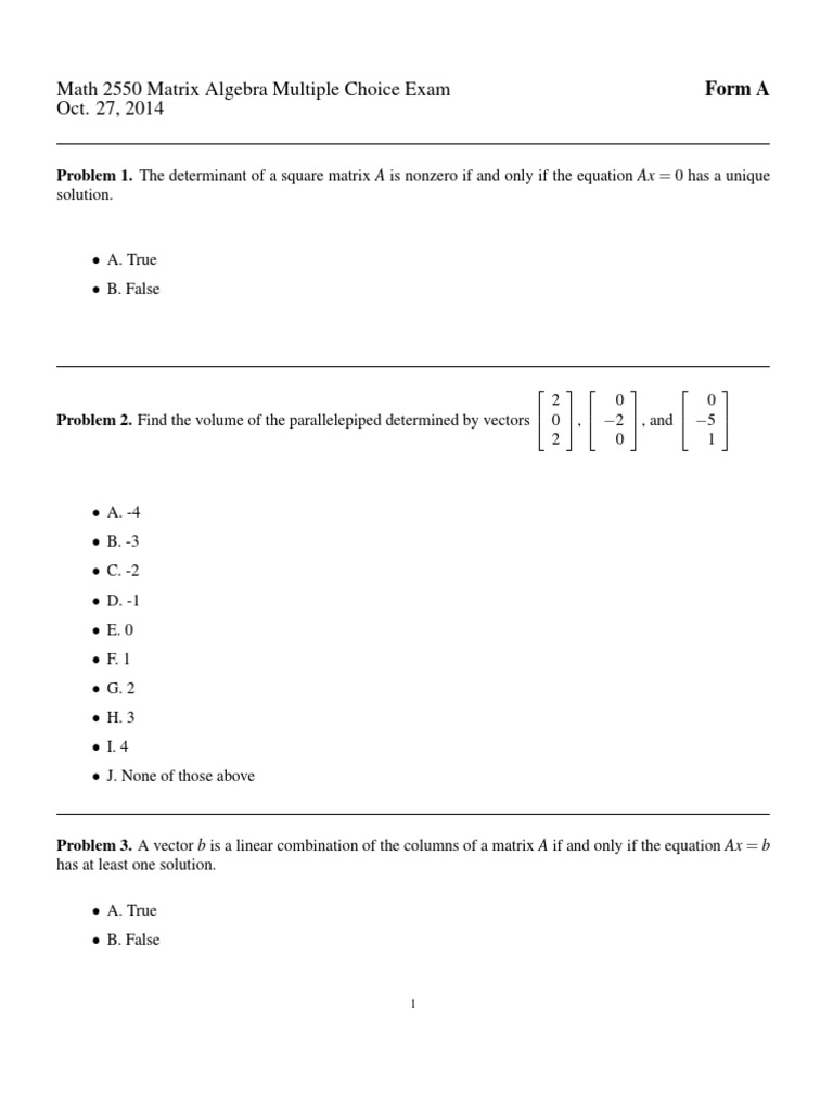 Math 2550 Matrix Exam Form A | PDF