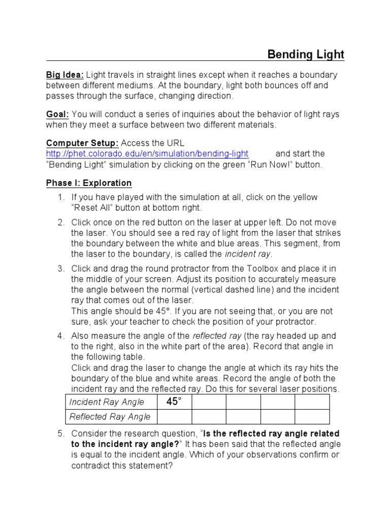 Phet Inquiry Bending Light | PDF | Refraction | Refractive Index