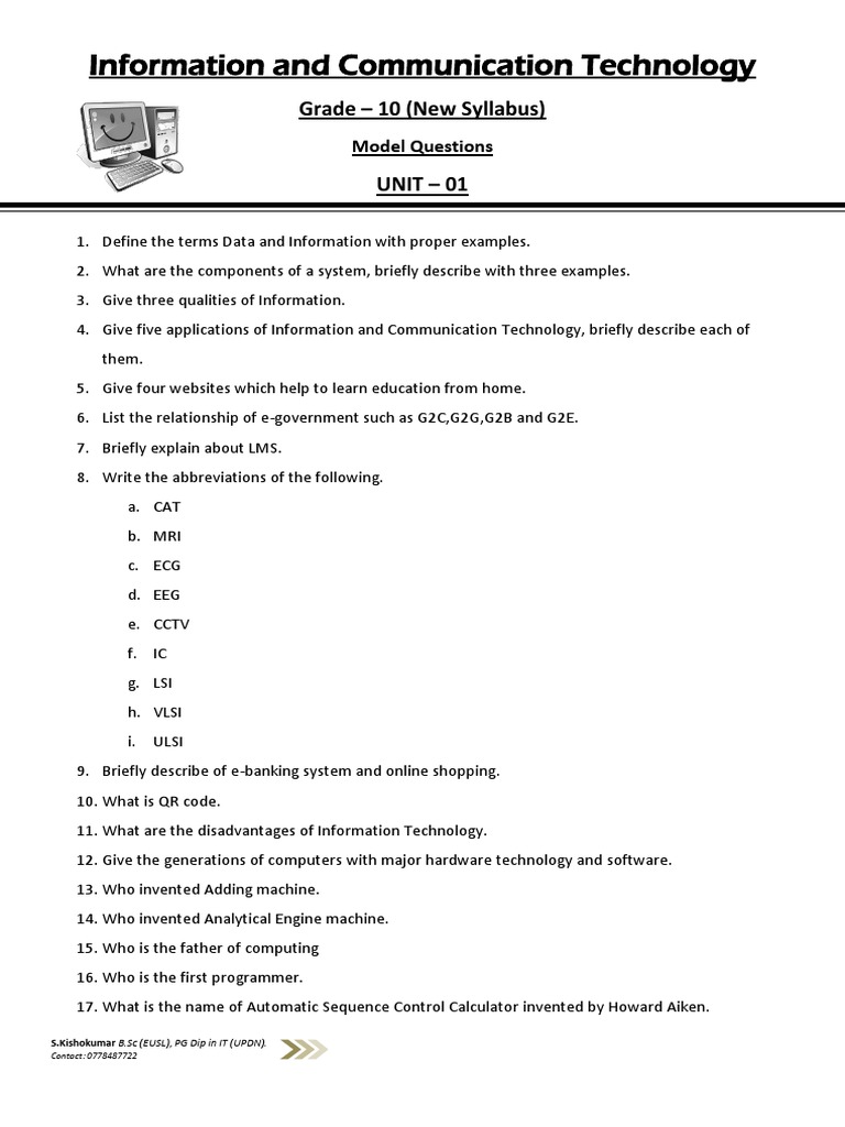 Grade-10 ICT Unit 1 New Syllabus Model Questions | PDF | Information ...
