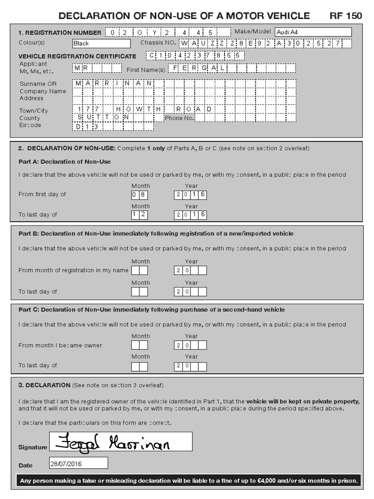 Declaration of Non-Use of A Motor Vehicle RF 150 | PDF | Vehicles ...