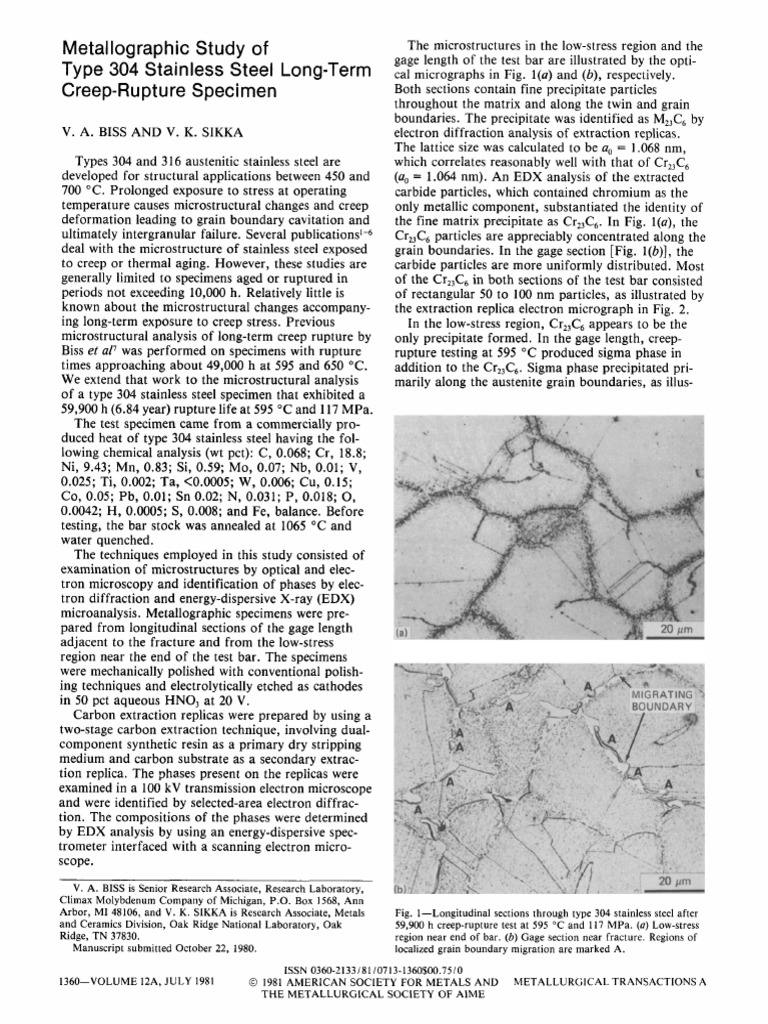 Metallographic Study of Type 304 Stainless Steel Long-Term Creep ...