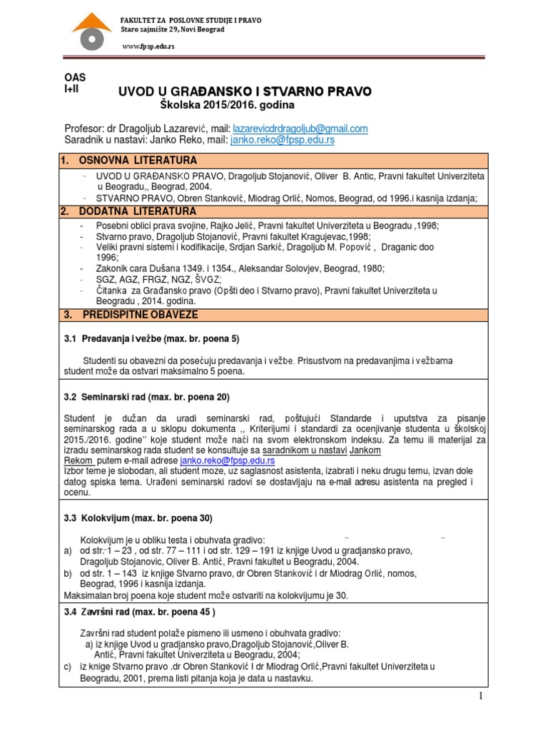 Uvod U Gradjansko Pravo I Stvarno Pravo - Naziv Predmeta-Ispit Pitanja I Seminarski Radovi Za ...