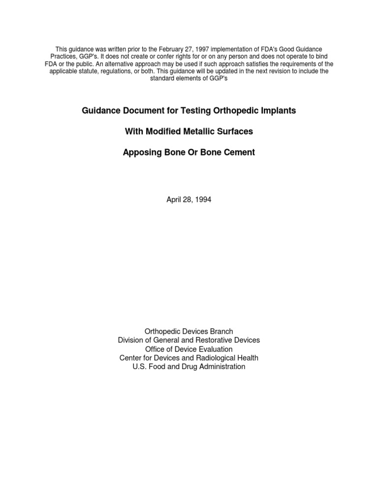 FDA Guidance Document For Testing Orthopedic Implants - Porous Coatings ...