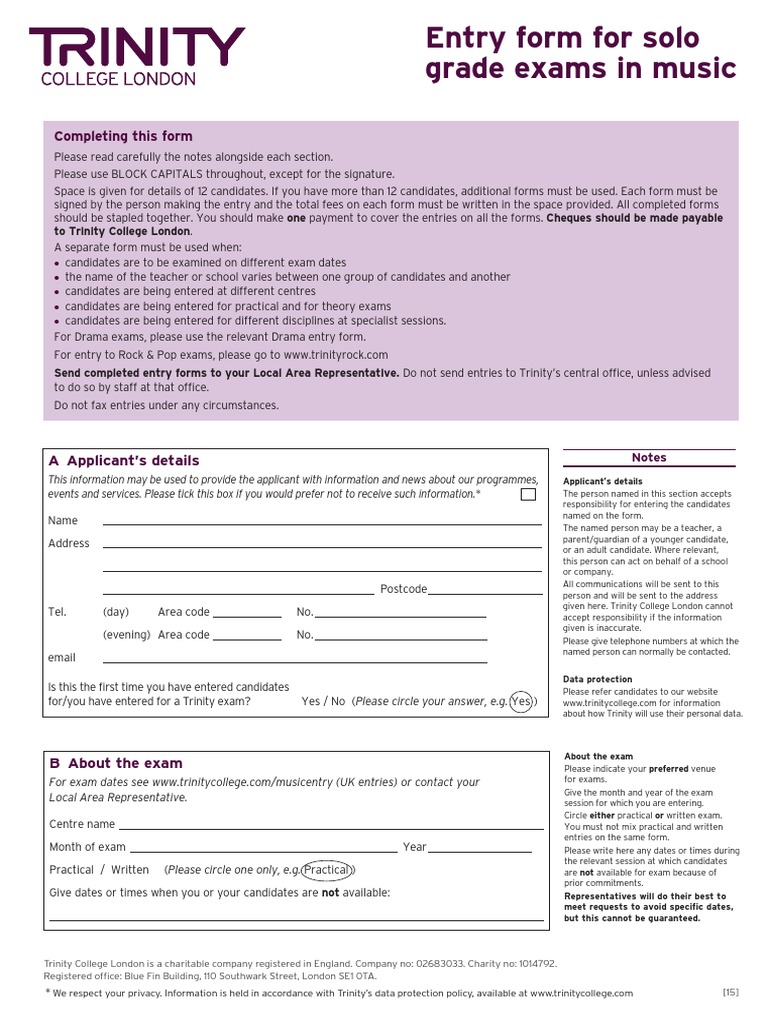 Trinity Entry Form Solo Music - Grade & Certificate PDF | PDF