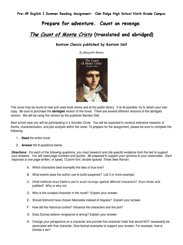English I Preap Summer Reading 2016 | PDF | The Count Of Monte Cristo ...