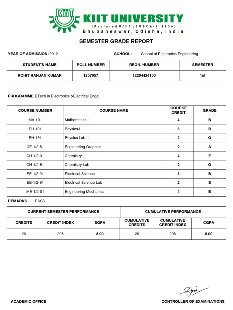 Semester Grade Report for Rohit Ranjan Kumar | PDF