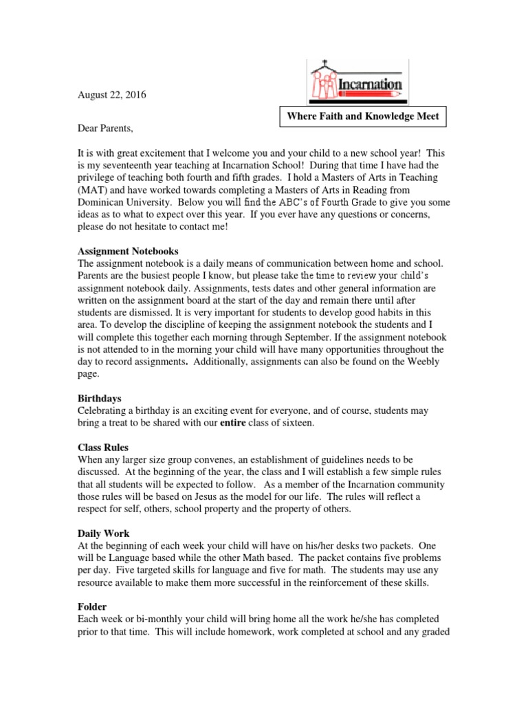 Fourth Grade Welcome Letter 2016 | PDF | Reading (Process) | Homework