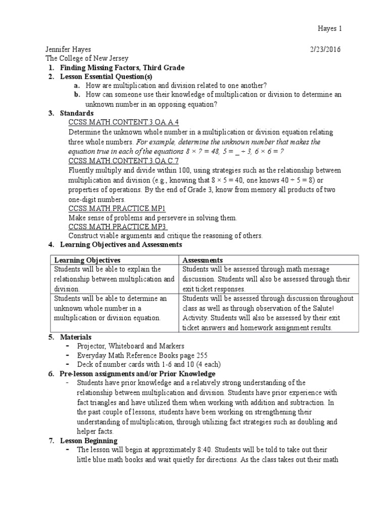 Hayes Finding Missing Factors | PDF | Multiplication | Homework
