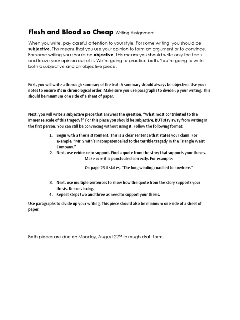 Flesh and Blood So Cheap Writing Assignment | PDF | Home & Garden