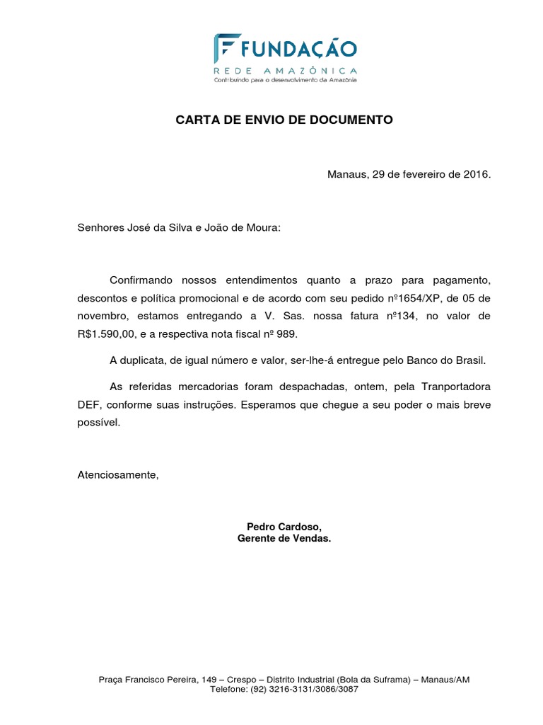 Carta de Envio de Documentos Carta de Envio de Documentos