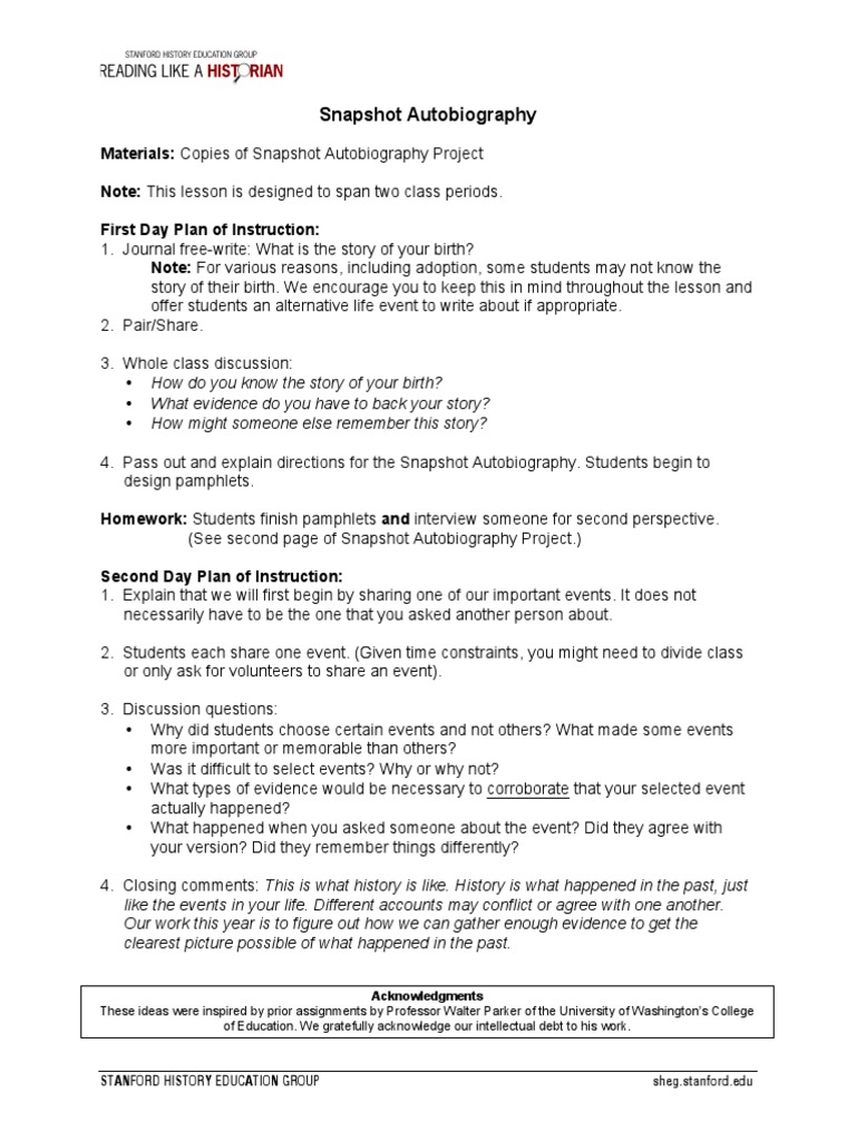 Snapshot Autobiography Project Guide | PDF | Lesson Plan | Further ...