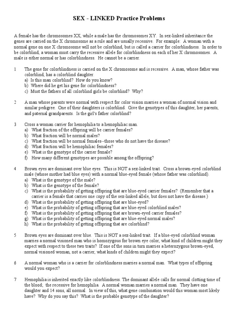 Sex-Linked Genetics Practice Problems | PDF | Genotype | Zygosity