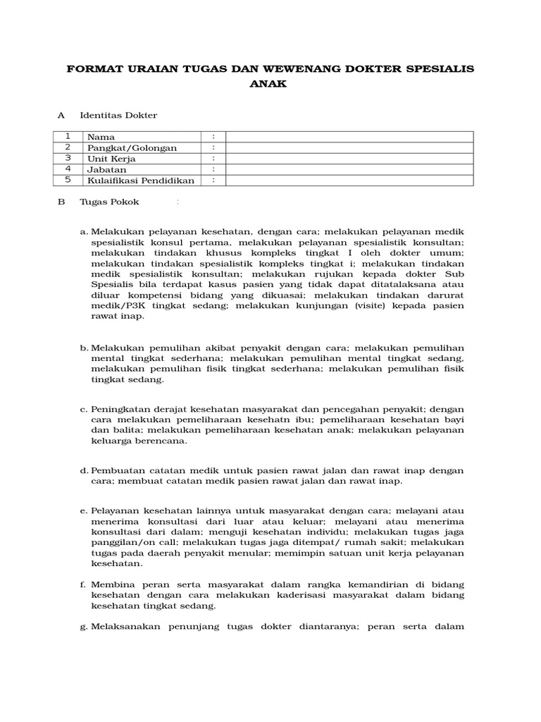 Format Uraian Tugas Dan Wewenang Dokter Spesialis Anak | PDF