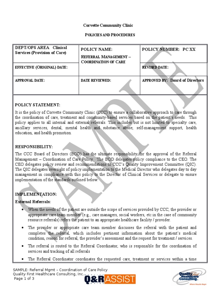 SAMPLE Referral Management Policy | Patient | Electronic Health Record