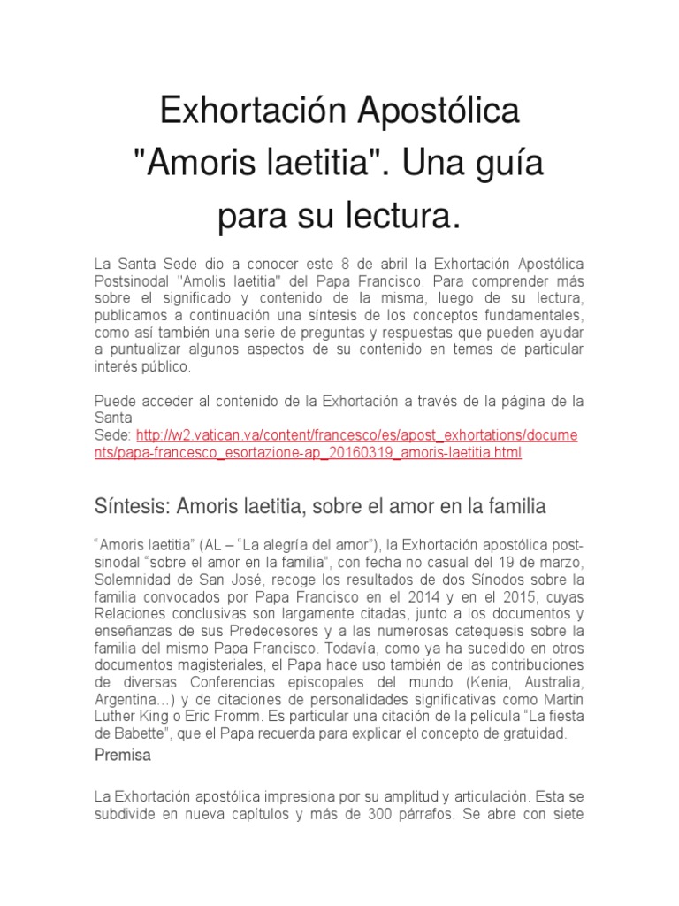 Exhortación Apostólica "Amoris Laetitia". Una Guía para Su Lectura. | PDF