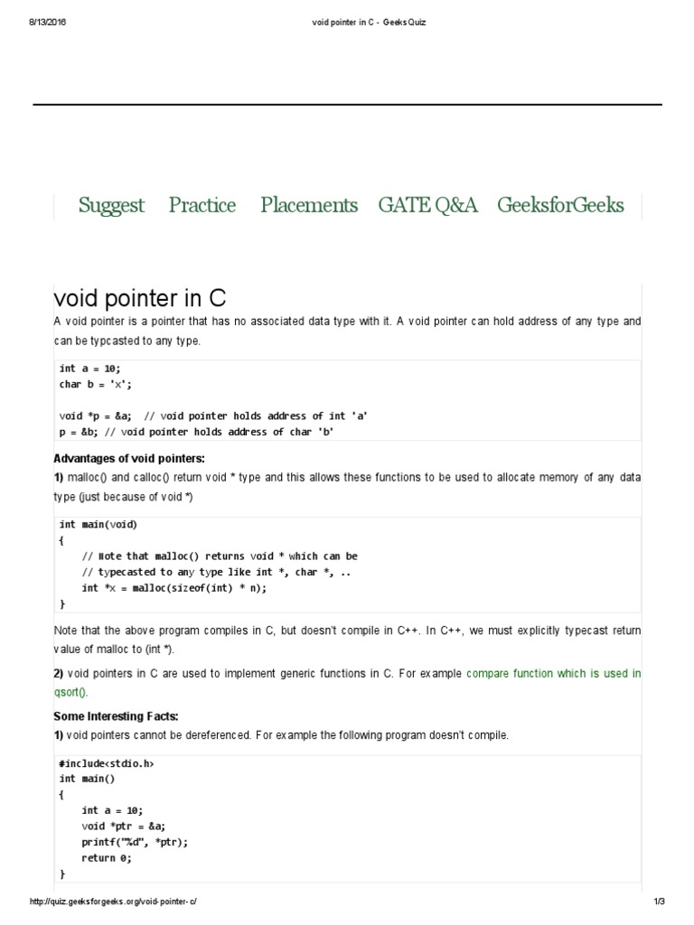Void Pointer in C - GeeksQuiz PDF | PDF | Teaching Methods & Materials ...