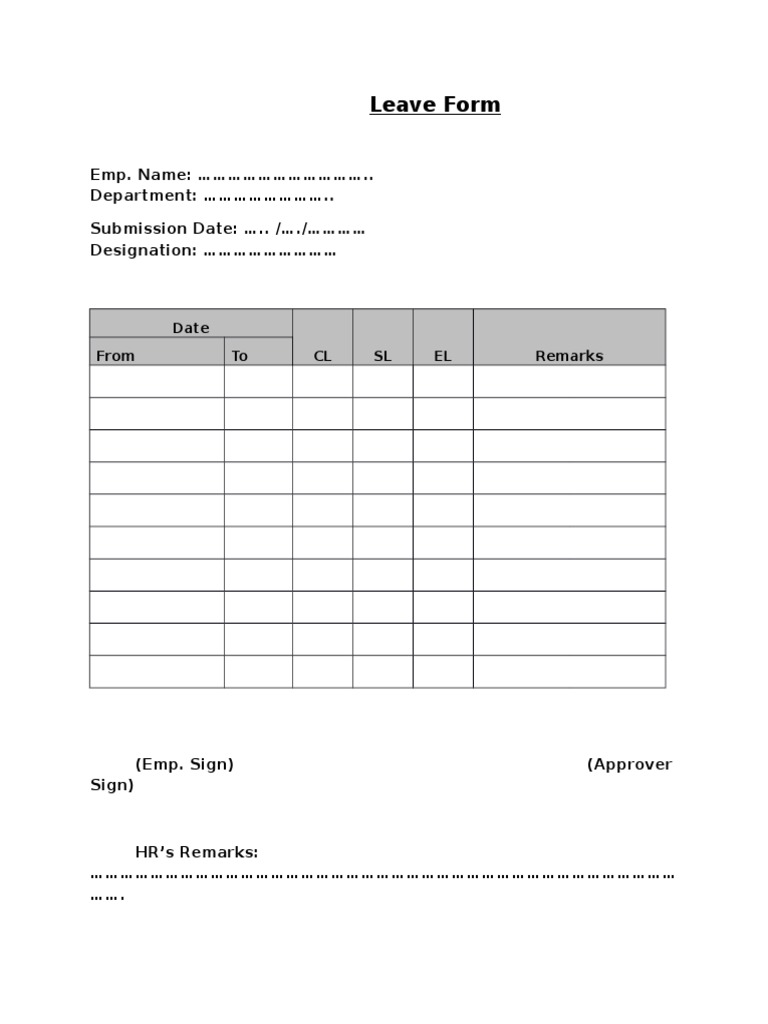 Leave Form: Emp. Name: .. Department: .. Submission Date ...