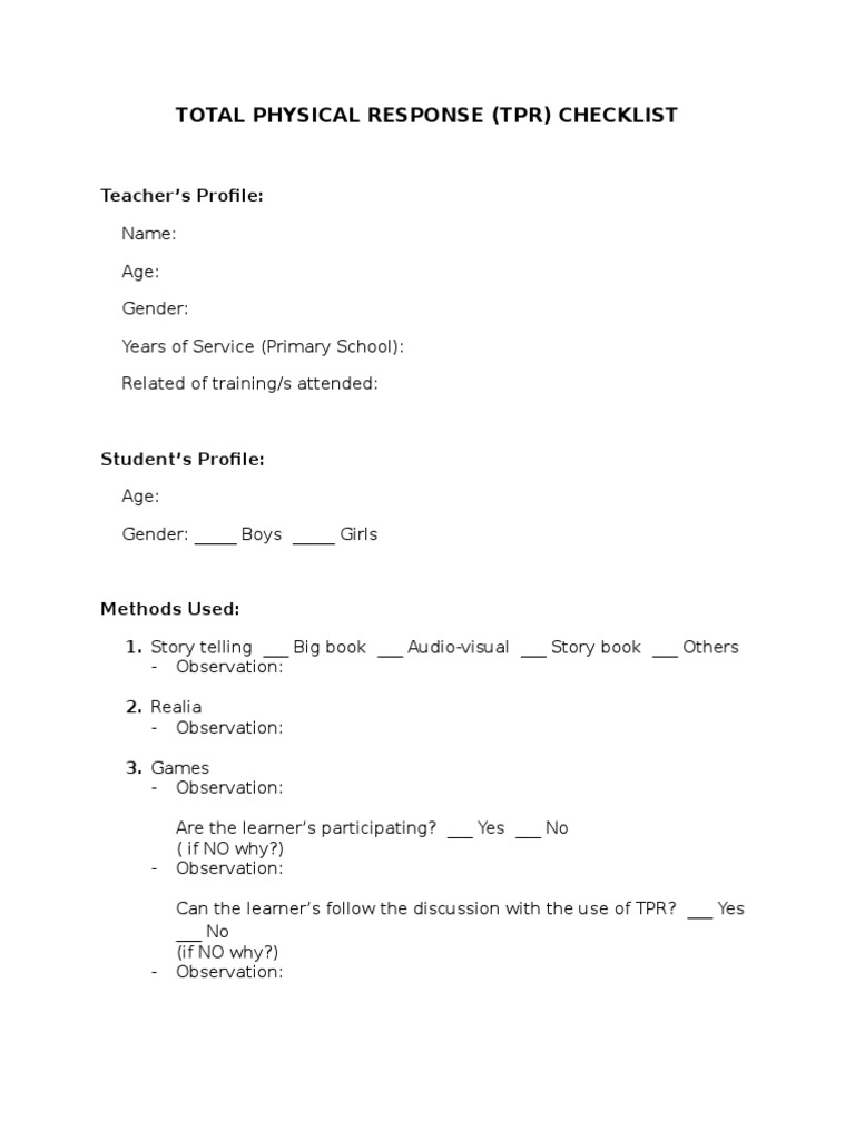 Total Physical Response (TPR) Checklist: Teacher's Profile | PDF