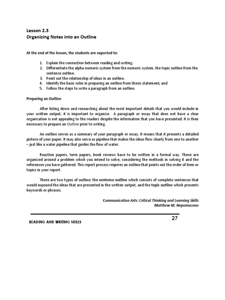 Organizing (Outline) Handout | Cognition | Psychology