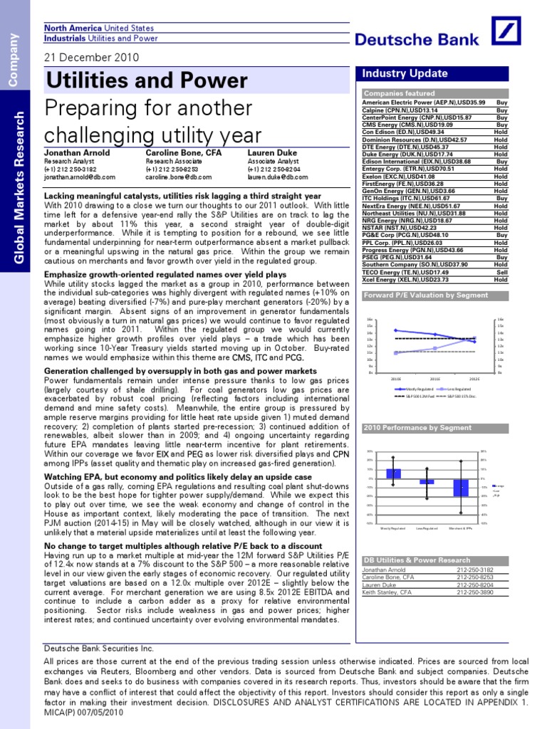 Utilities and Power Industry Update - Deutsche Bank (2010) PDF | PDF ...