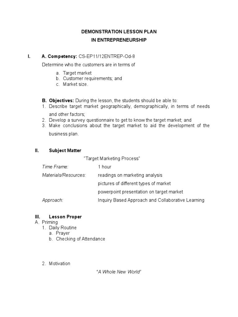 Lesson Plan in Entrepreneurship | PDF | Lesson Plan | Behavior Modification