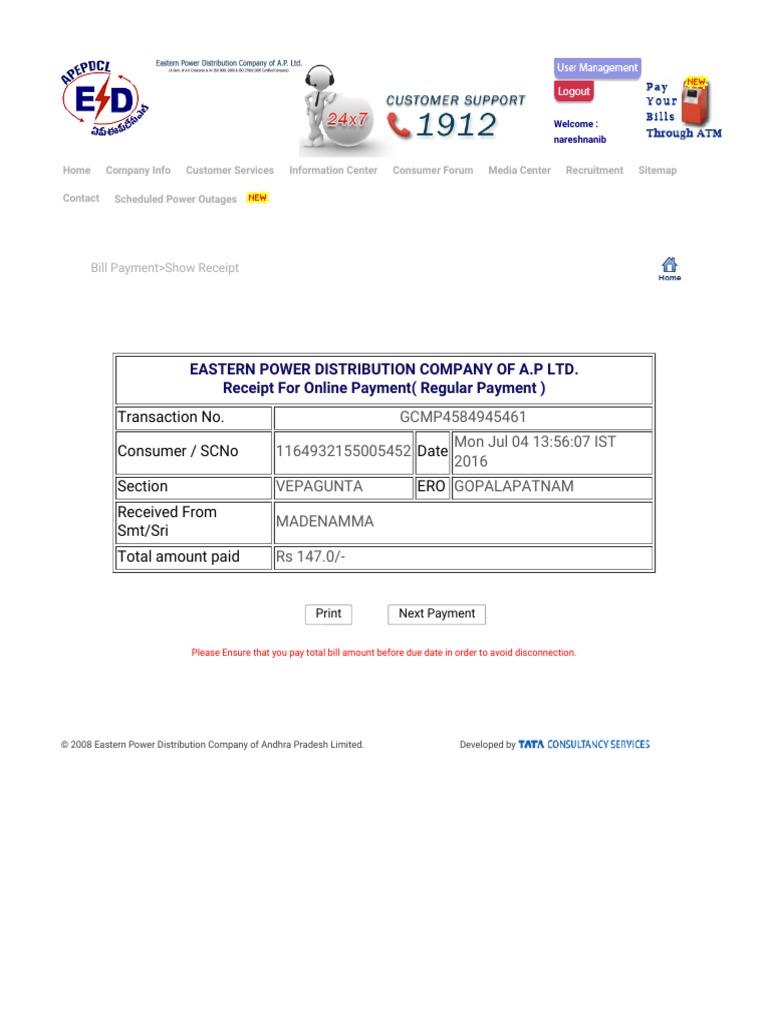 Eastern Power Distribution Company of A.P Ltd. Receipt For Online ...