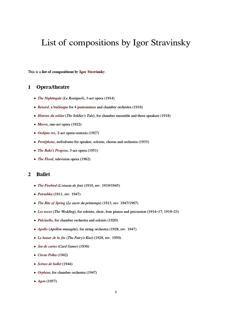 List of Compositions by Igor Stravinsky - Wiki | PDF | Social Science | Art