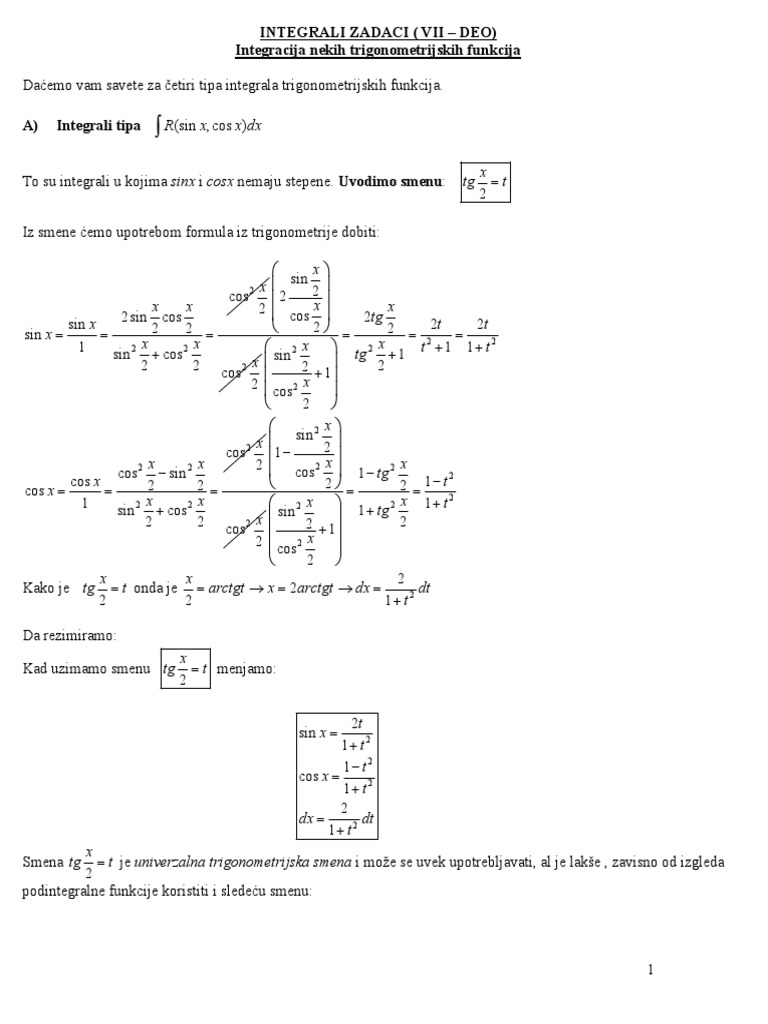 8.integrali Zadaci - Vii Deo (Integracija Trigonometrijskih Funkcija) | PDF
